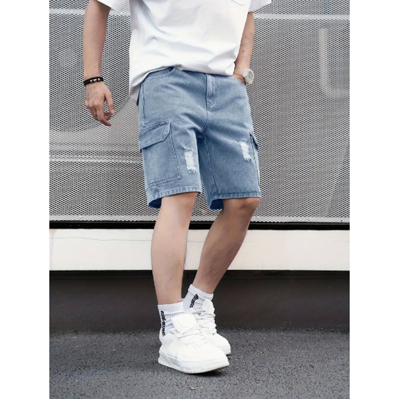 High Quality Men's Solid Ripped Denim Short Jorts with 6 Pockets Denim ...