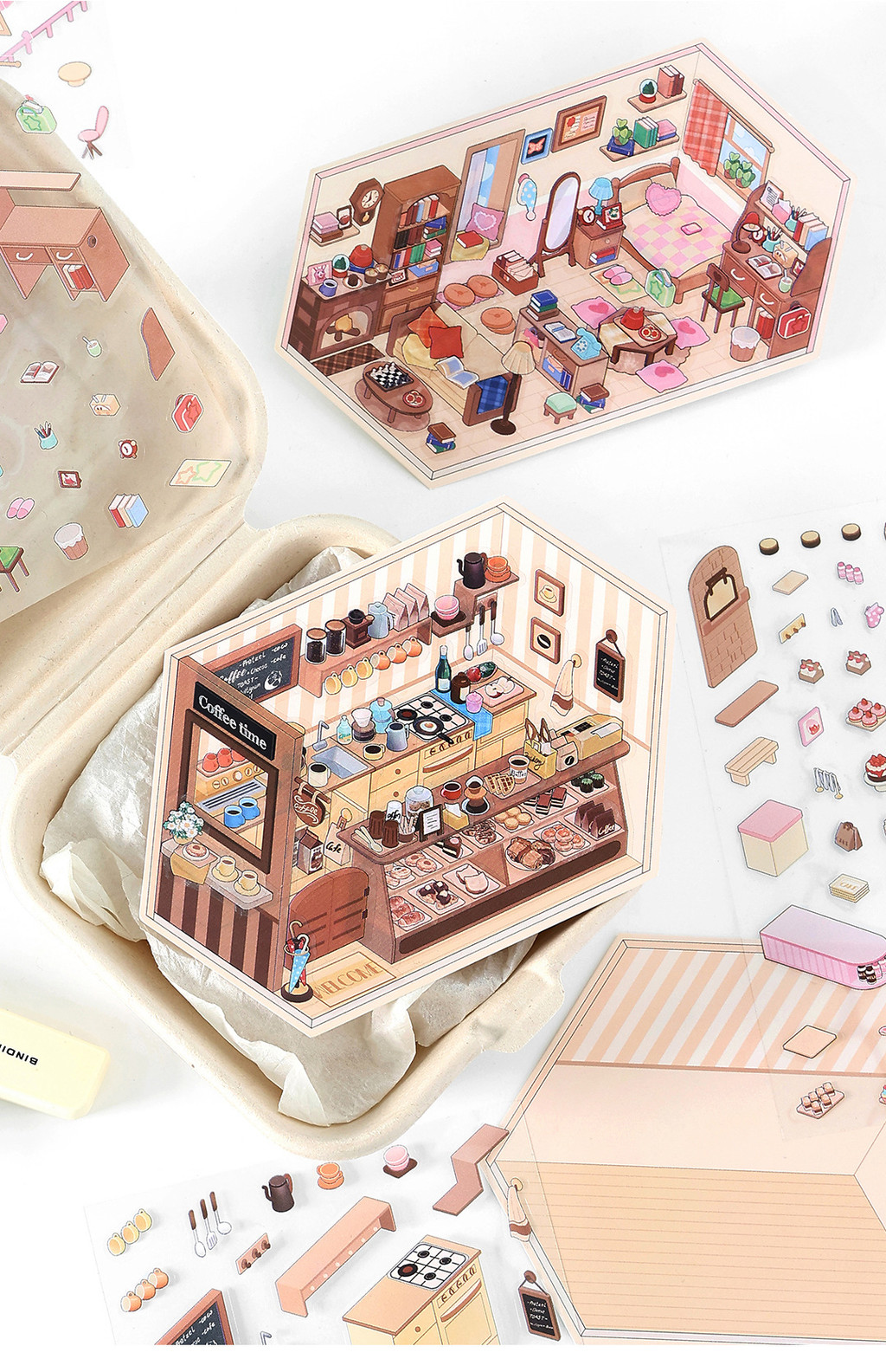 DIY 3D House Stickers Scene Miniature Scene Stickers Coffee Dessert ...