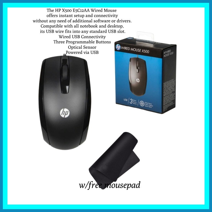 HP X500 Optical Wired USB Mouse Black 3 Buttons Windows XP Vista 7 8 10 ...