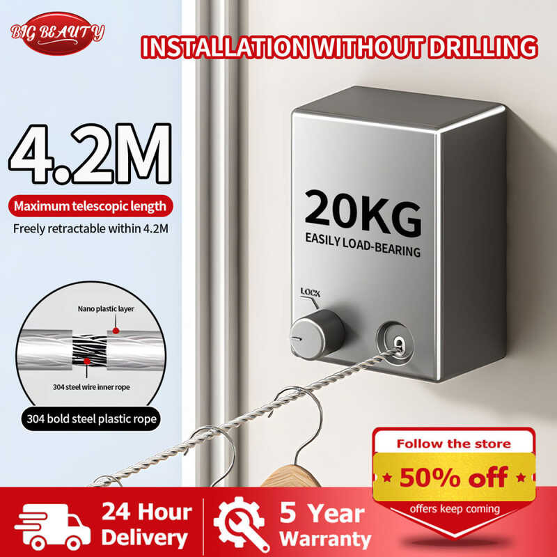 Retractable Laundry Clothes Line | Stainless Steel Wire 4.2 Meters ...