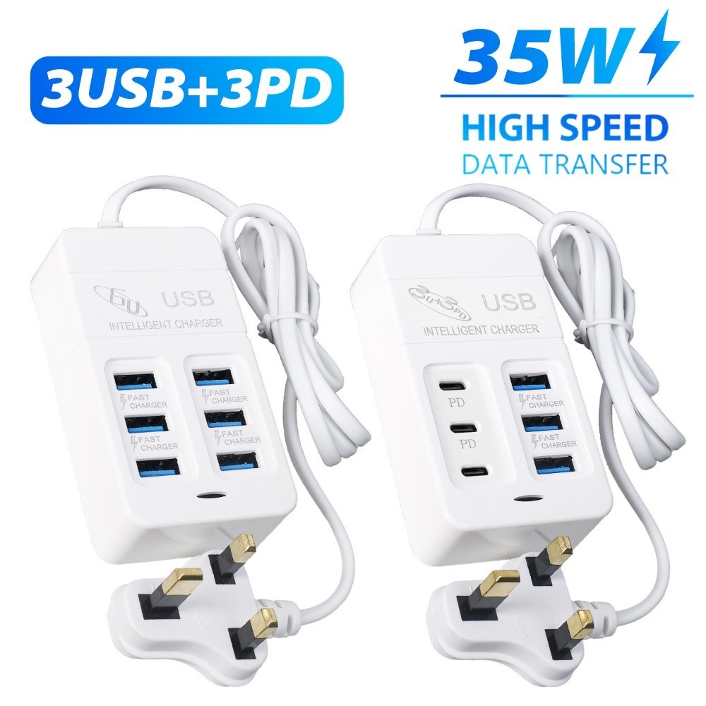 EU/US/UK Plug 35W 6 Ports Quick Charging USB Type C Wall Chargers ...