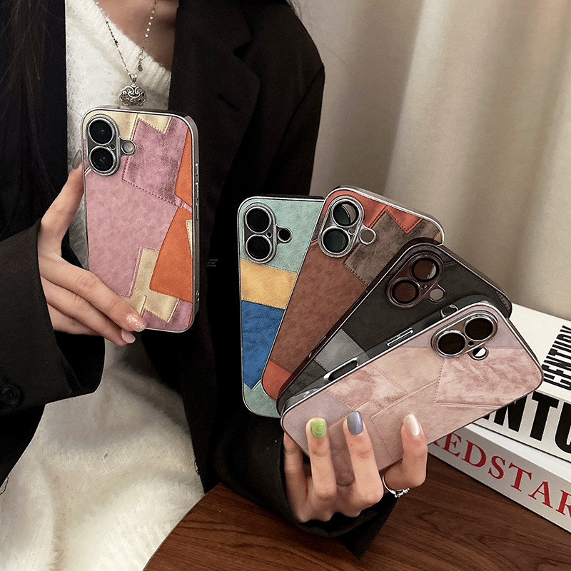 HOCE Random Splicing Leather Plating Frame Phone Case For iPhone 16 15 ...