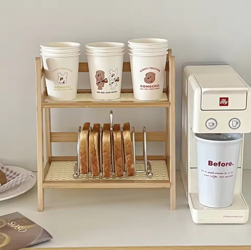 Storage Rack organizer Wooden Double-Layer Table Shelf Rattan Bedroom ...