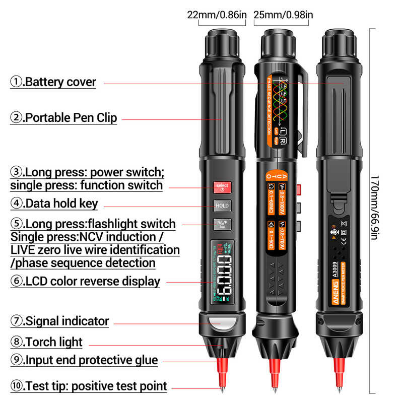 A3009 ANENG Mini Pen Multimeter Voice Broadcast 6000Counts Voltmeter VA Reverse LCD Flashlight ...