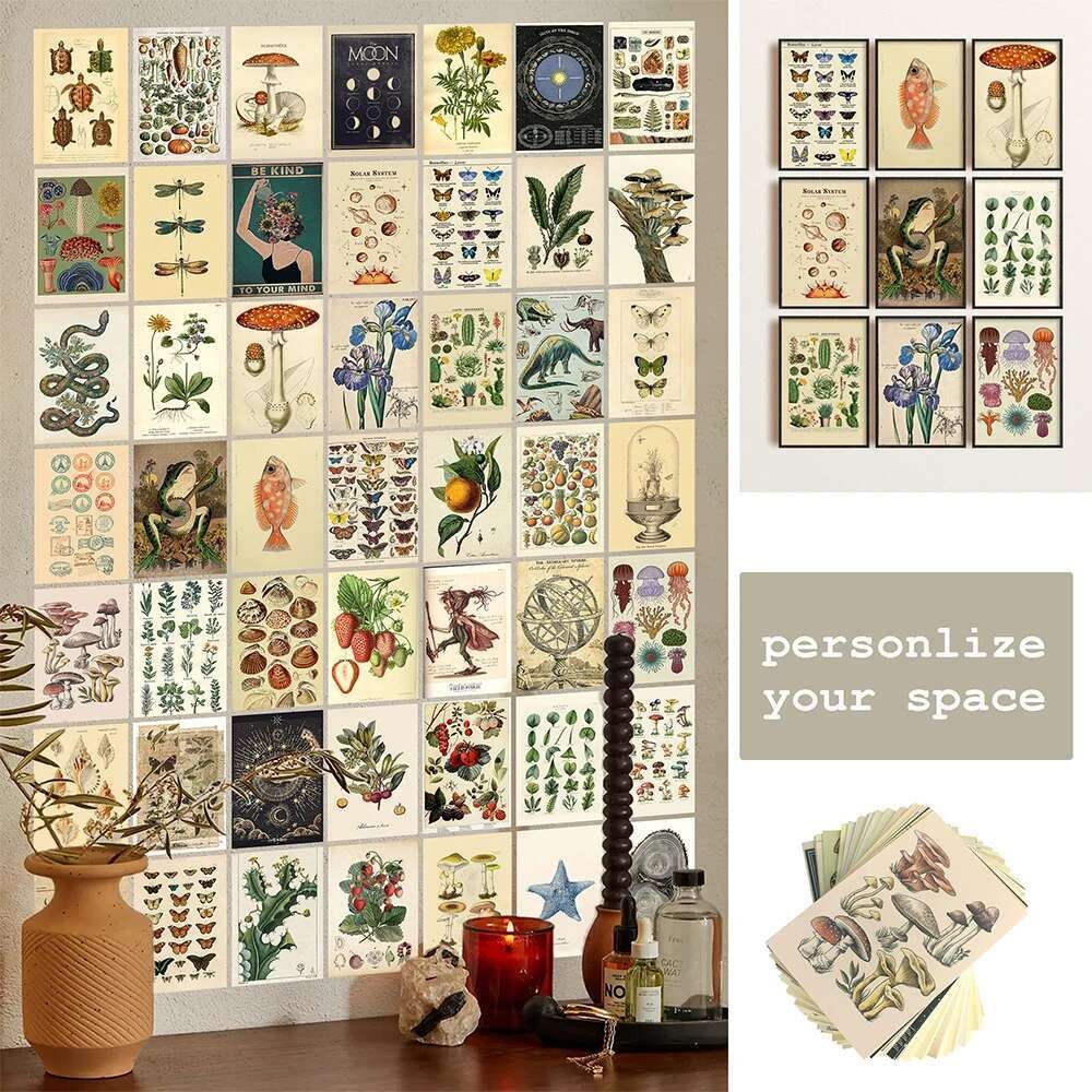 PCS 50 Vintage Posters, Collage Kit Aesthetic Pictures, Cottagecore Room Bedroom, Cute Dorm ...