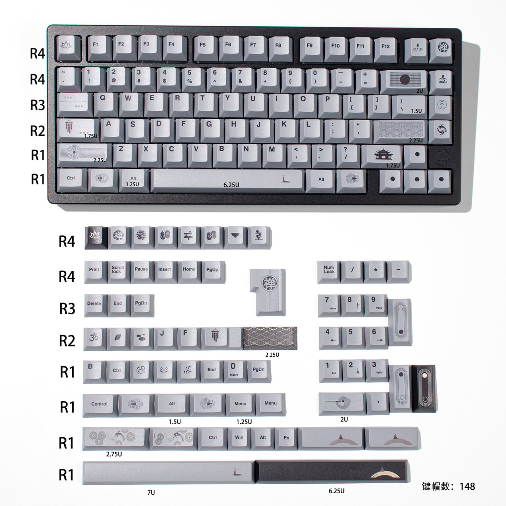 Temple Keycaps PBT Cherry Profile 148 Keys Grey / off-white / sand ...