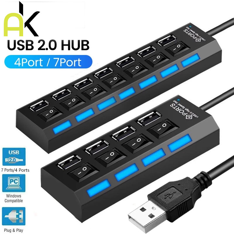AK USB 2.0 Channel Booster HUB Combo Splitter 4/7 Port Switch High Speed ON/OFF Mini 2 In 1 Data ...