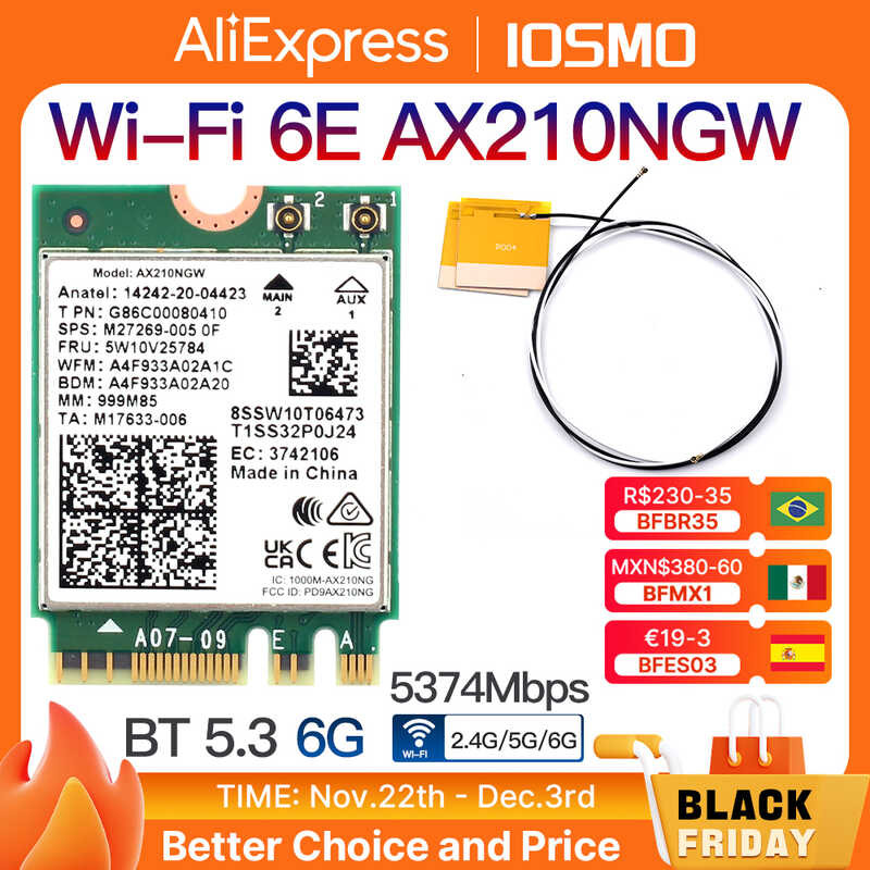WiFi AX210 6E Wireless Card Bluetooth 5.3 802.11AX M.2 Tri Band 2.4G/5G/6Ghz Mini PCI-E Network ...