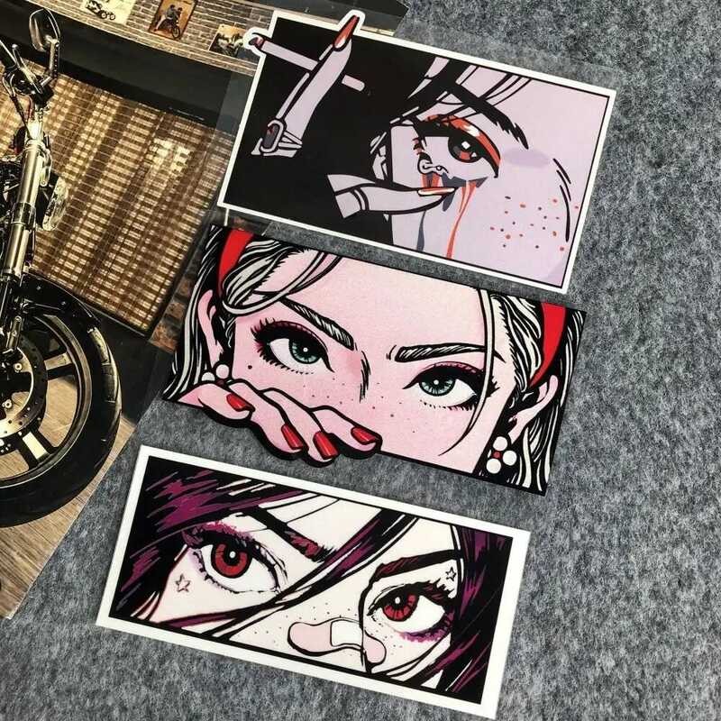 JDM Two-dimensional Anime Girl Peeping Eyes Reflective Sticker Motobike ...