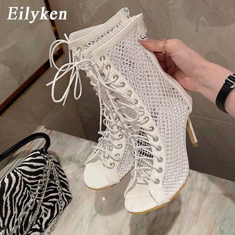 Fashion Eilyken Design Mesh High Heel Women Boots Sandals Sexy Peep Toe T-Tied Stripper Pole ...