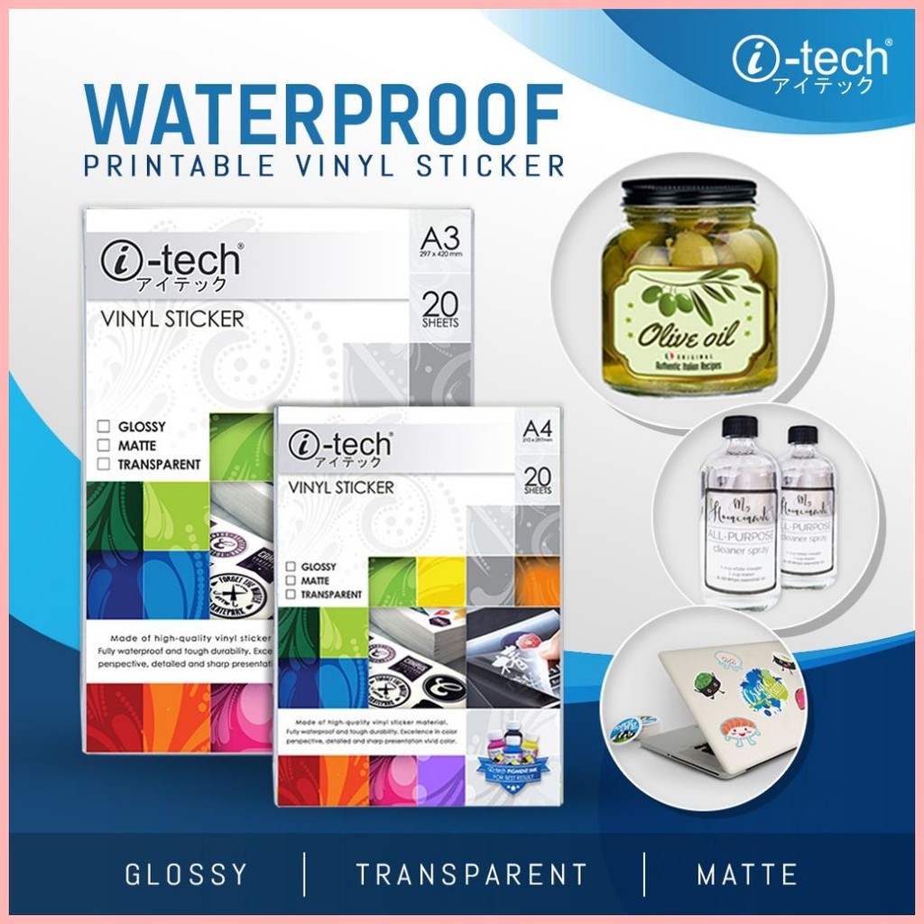 Itech Waterproof Printable Vinyl Sticker 20 Sheets/Pack A4 Size for Inkjet Printer ☢ ☃ ☸ ...
