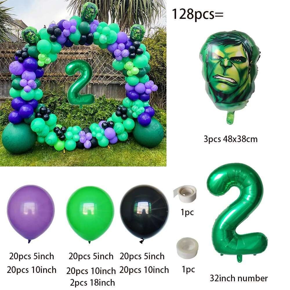 Incredible 128Pcs Hulk Theme Balloon Kit Green Number 1-9th Foil Ball ...