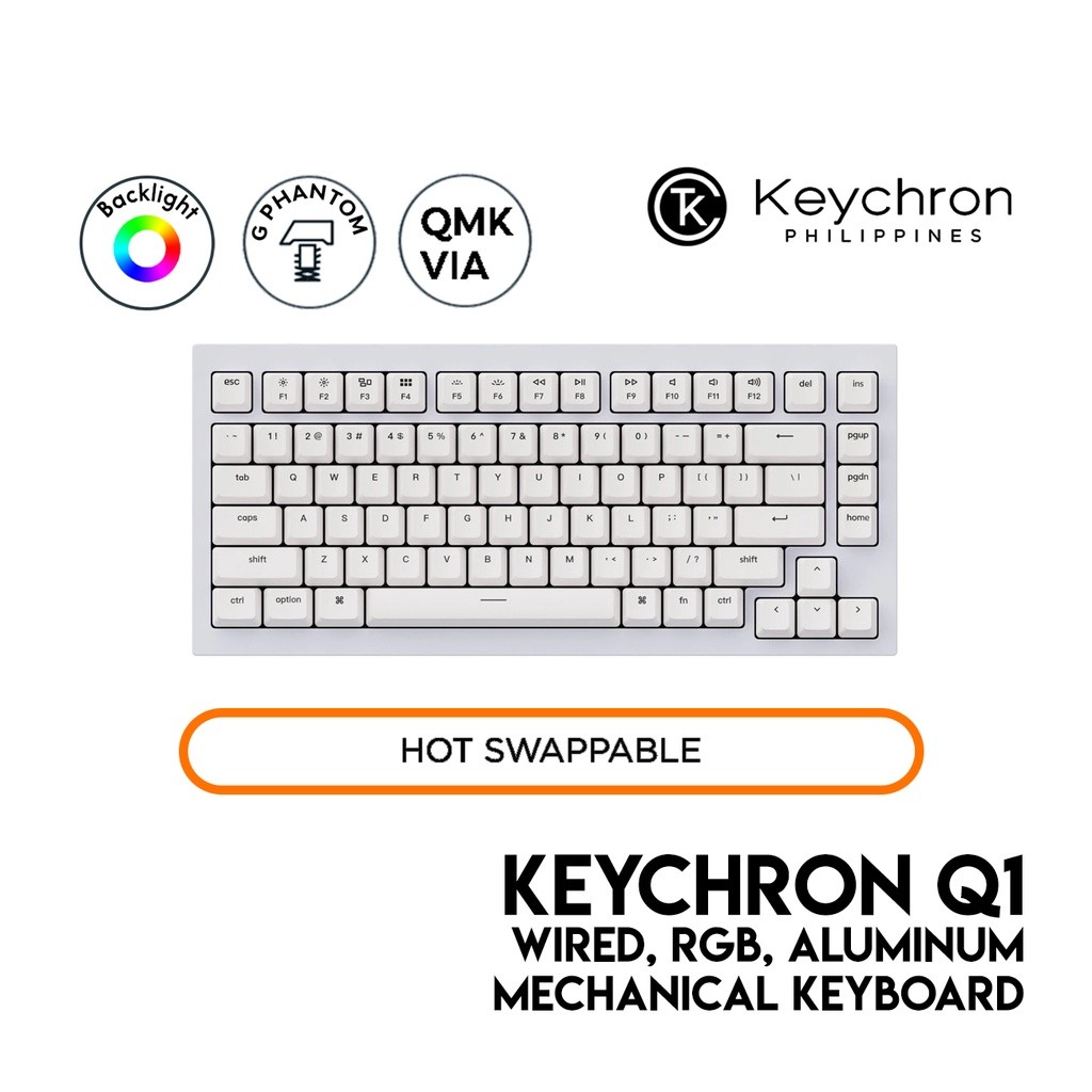Keychron Q1 QMK Mechanical Keyboard (Shell White, 75%, Wired, RGB ...
