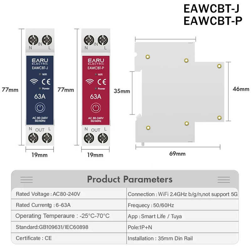 WiFi Tuya Smart Circuit Breaker MCB Timer 1P+N 63A Power Energy kWh ...
