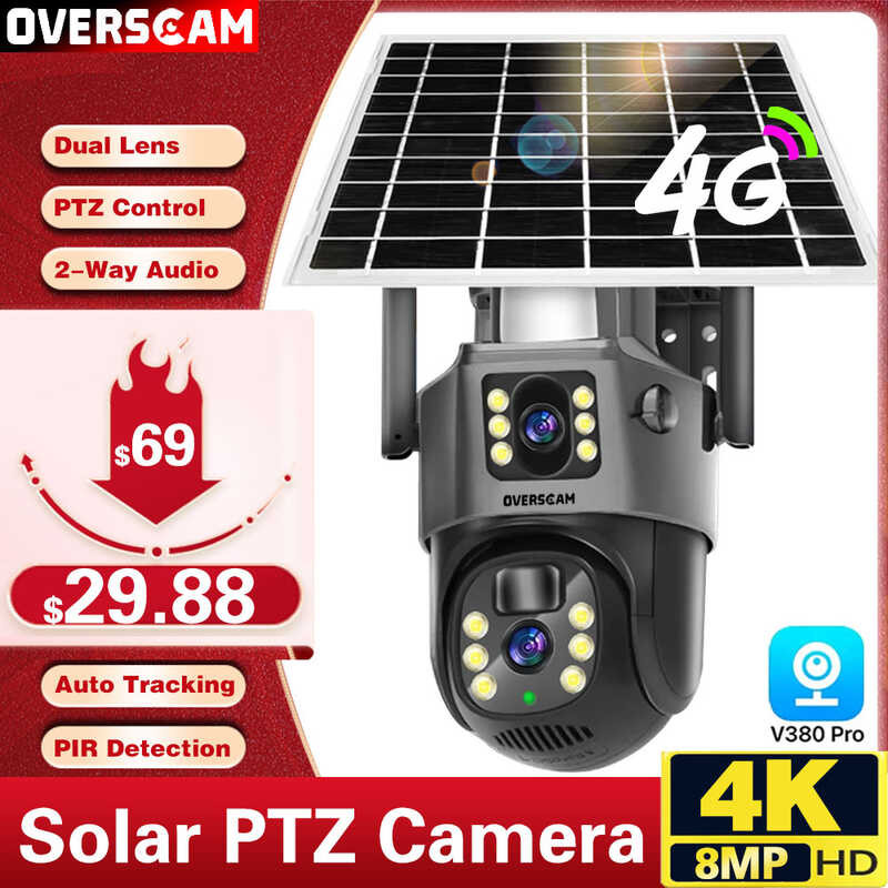 Pro V380 CCTV Outdoor PTZ IP Cameras,4G SIM Card Solar Wireless Dual Lens 4K 8MP,Built in ...