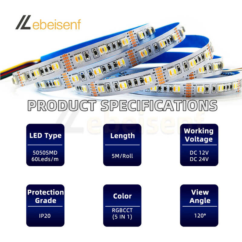 RGB 5M/Lot CCT RGBWW LED Strip Light DC 12V / 24V 5 Color In 1 5050 SMD 60 Leds/M 6-Pin Flexible ...