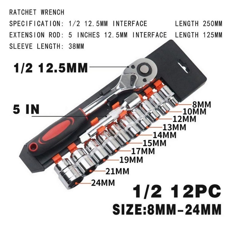 12 PCS 1/2" Atchet Wrench Socket Set Tools 8mm To 24mm CR-V Socket Kits ...