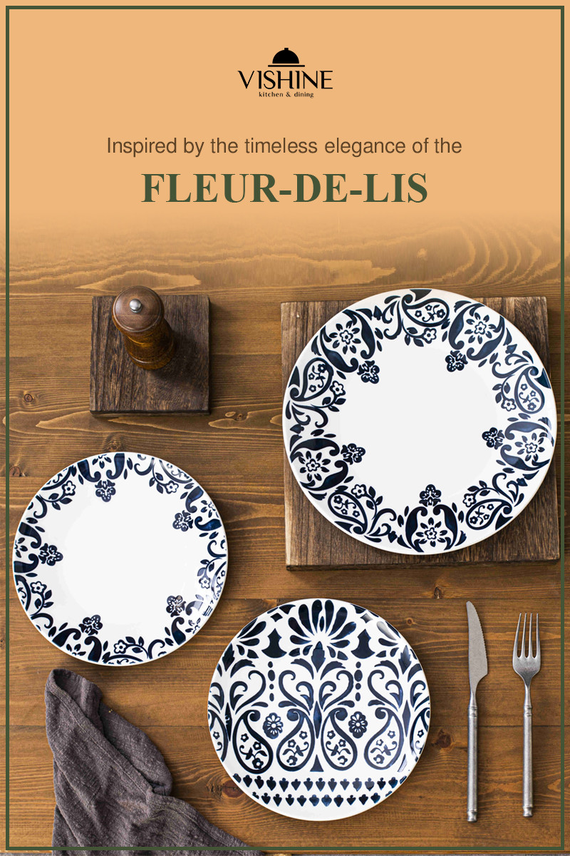 VISHINE Ceramic Hand-painted Fleur-de-lis Tableware Dining Dinner Plate ...