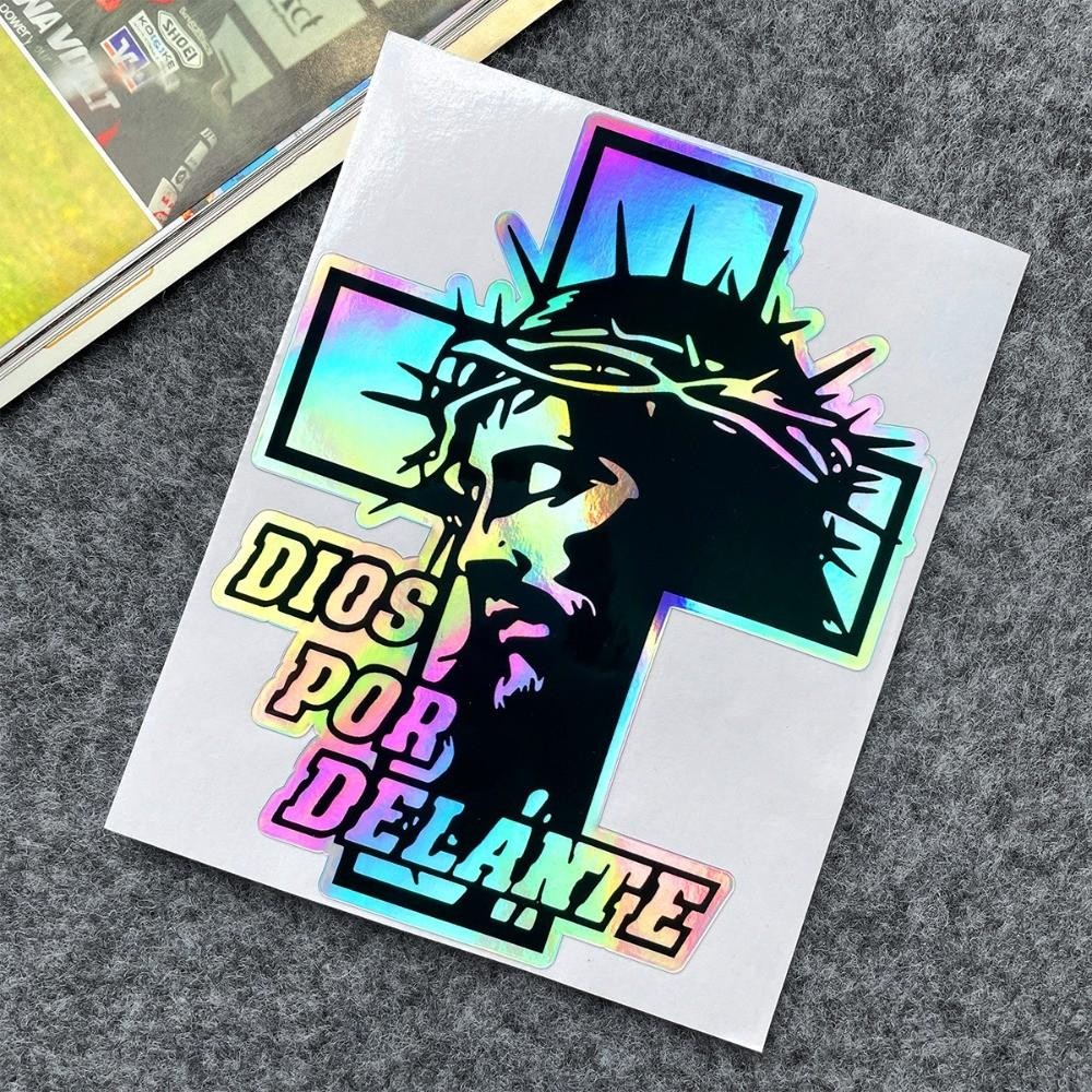 DIOS POR DELANTE Sticker Jesus Cross Car Decal Holographic Waterproof Motocycle Decoration for ...