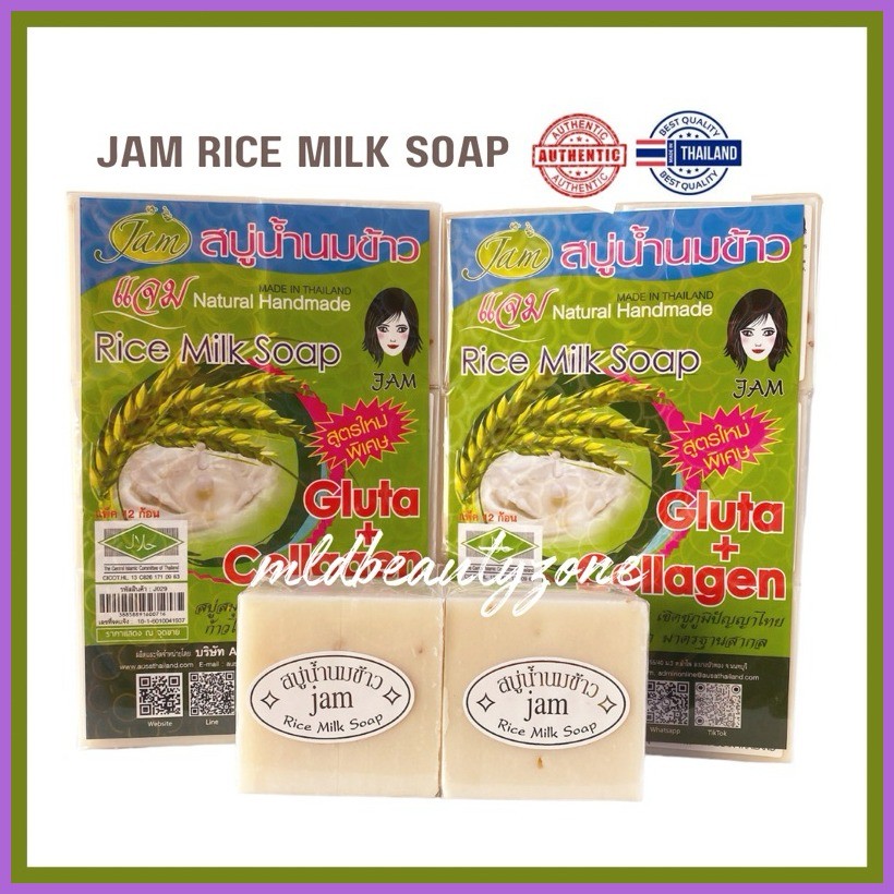 Original JAM RICE MILK Thai Soap with Gluta + Collagen 65g (Natural ...