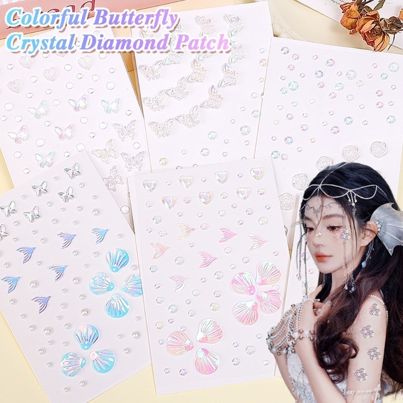 1Sheet 3D Butterfly Diamond Face Sticker Sparkling Mermaid Pearl Tattoo ...