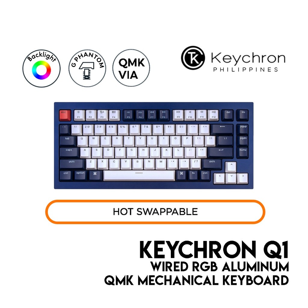 Keychron Q1 QMK Mechanical Keyboard (Navy Blue, 75%, Wired, RGB ...
