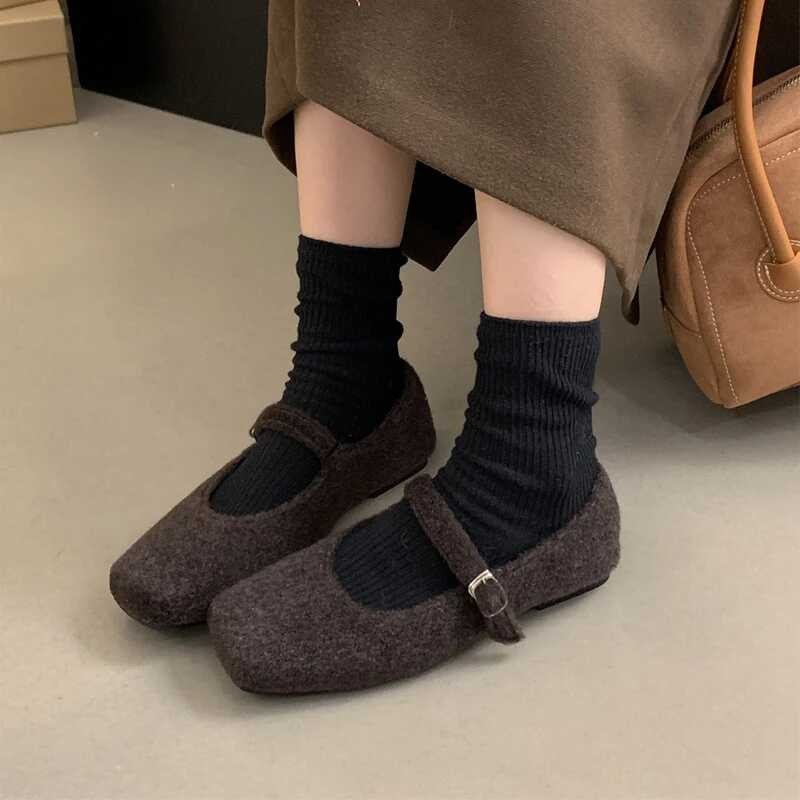 Fashion Square Toe Fleet Ballet Flats Winter Warm Wool Mary Jane Shoes ...