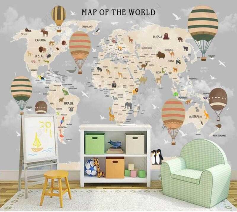 LY Custom 3D Cartoon World Map Children's Living Room Sticker Mural ...
