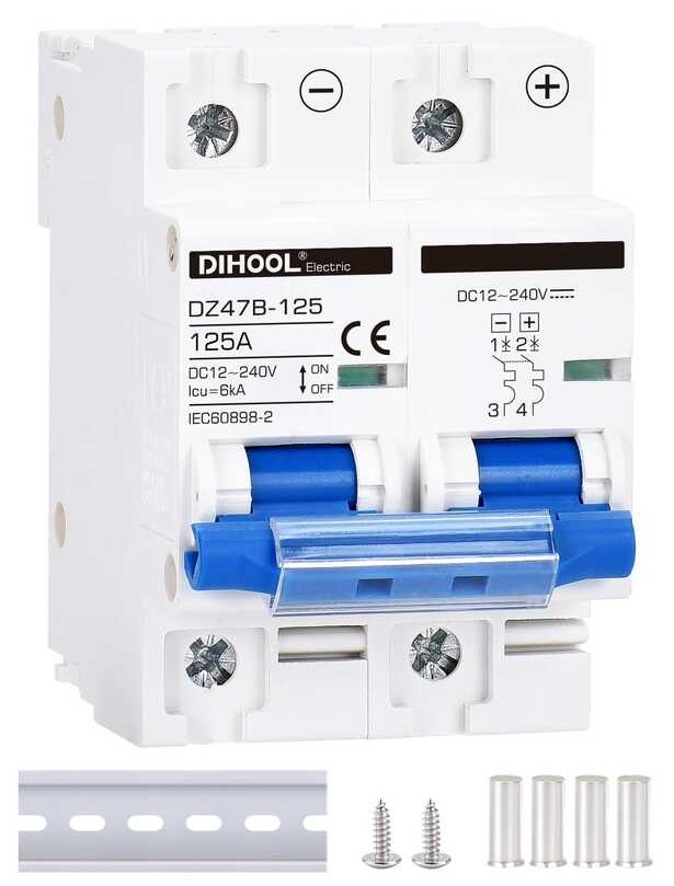 Amp DIHOOL 125 dc circuit breaker, 2-pole 12V to 240 Volt DIN Rail ...