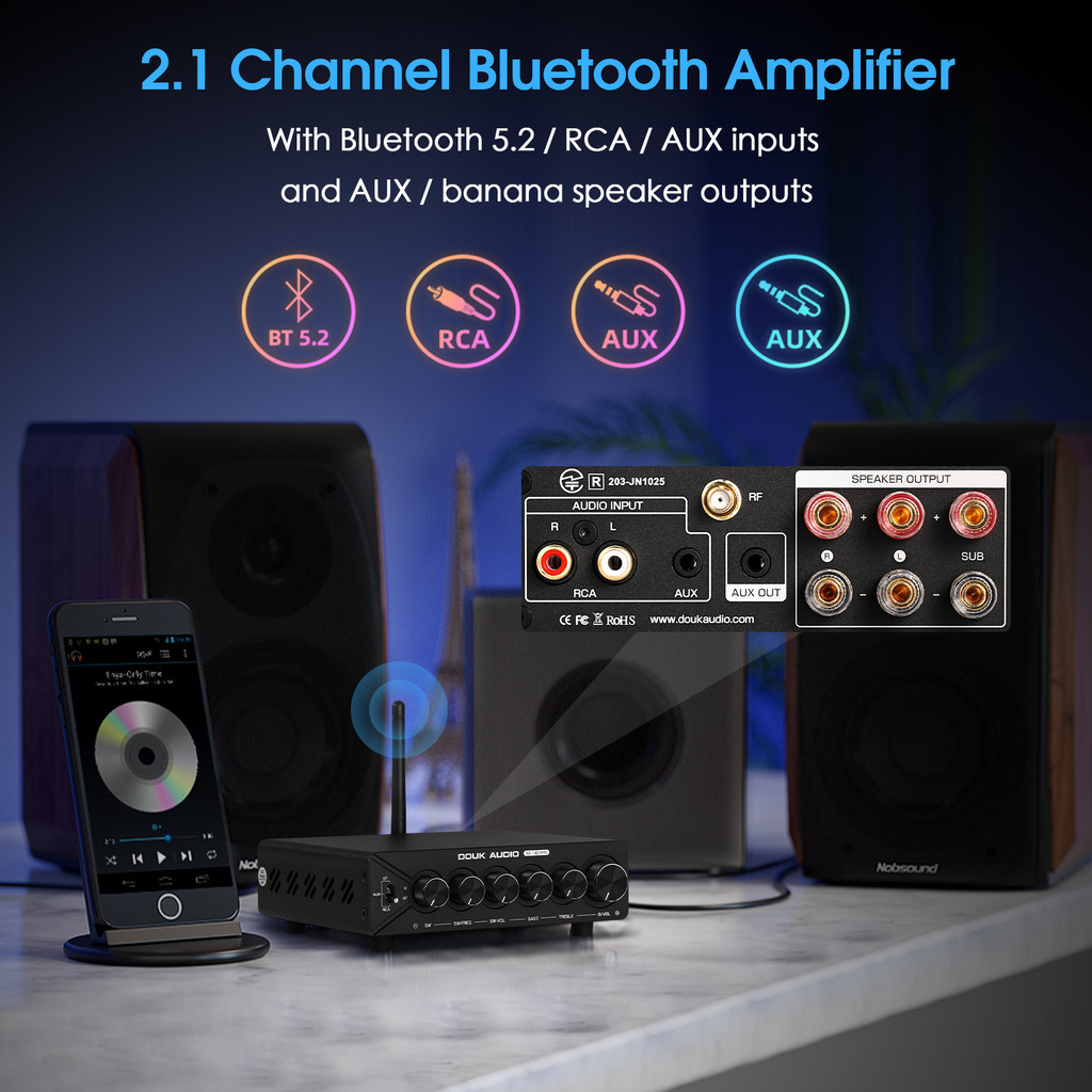 Douk Audio NS-14G-PRO HiFi 2.1 Channel Bluetooth Receiver TPA3255 Digital Amplifier Subwoofer ...