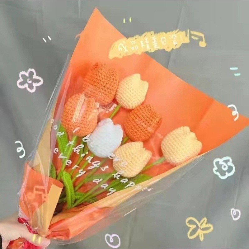 DIY Hand-Woven Tulip Bouquet Crochet Rose Fake Flowers Artificial Bouquet Teacher's Day Mother's ...