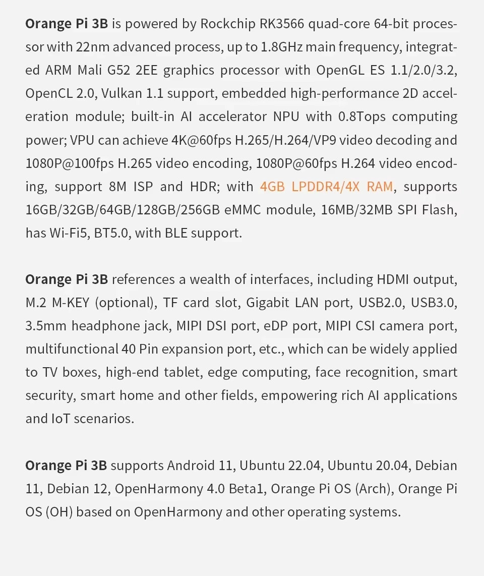 In stock Orange Pi 3B 4GB Ram LPDDR4 Rockchip RK3566 Mini PC WiFi5+BT5.0 BLE M2 SSD Single Board ...
