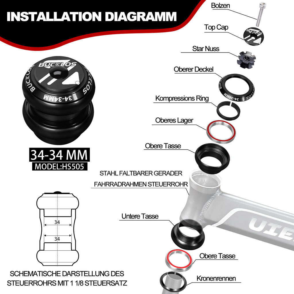 BUCKLOS MTB Headset 44mm Sealed Bearing 34/41.8/52/50.6/55/56mm Tapered Alloy Bike Head Set ...