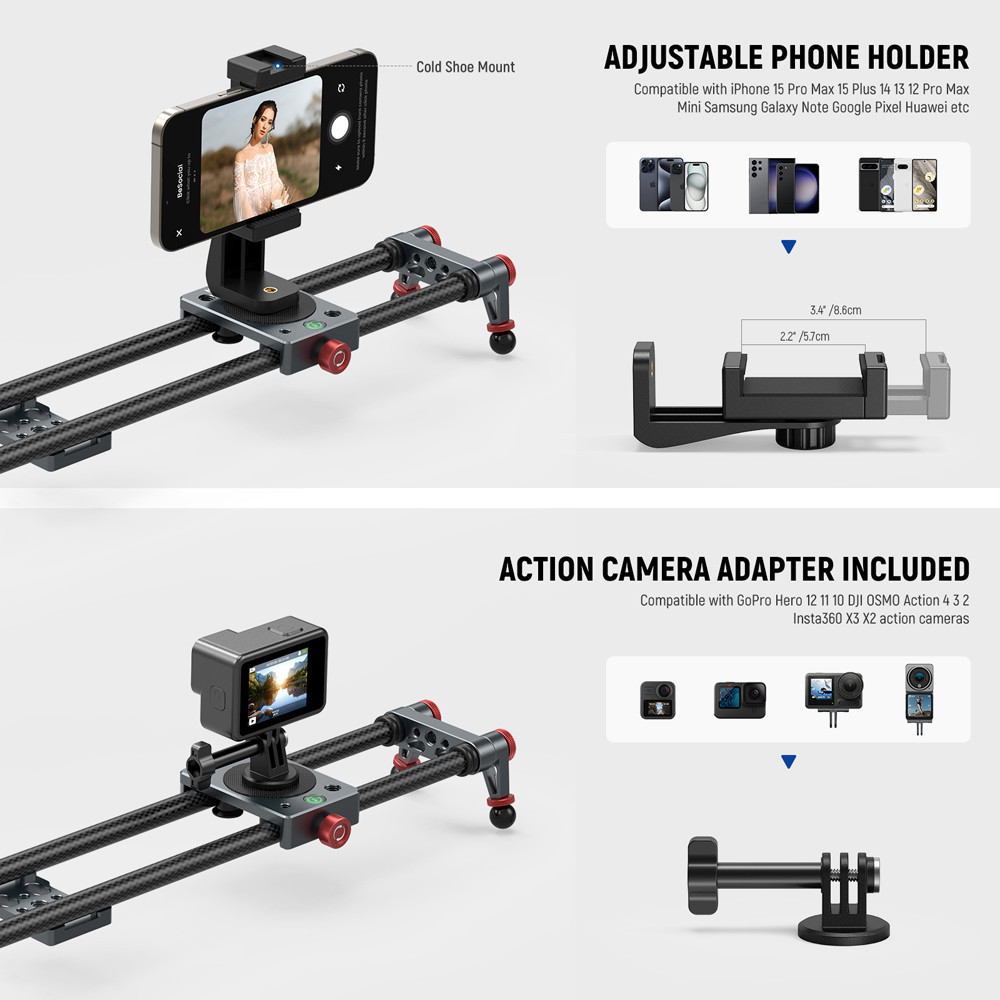NEEWER 24"/60cm Carbon Fiber Camera Slider, Dolly Rail Track with 360 ...