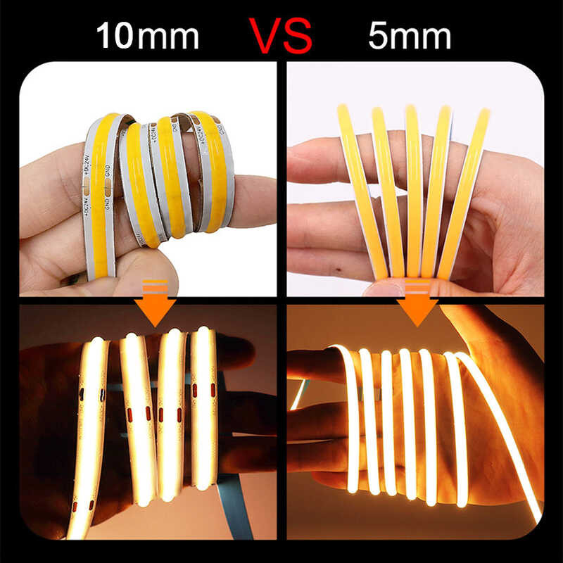 10M 5M 2700-6500K CCT Dimmable Bicolor COB Strip 12V 24V 5Mm 10Mm Wide ...