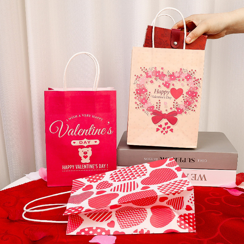 Love Heart Kraft Paper Handbag - Valentine's Day Gift Pouch - Foldable ...
