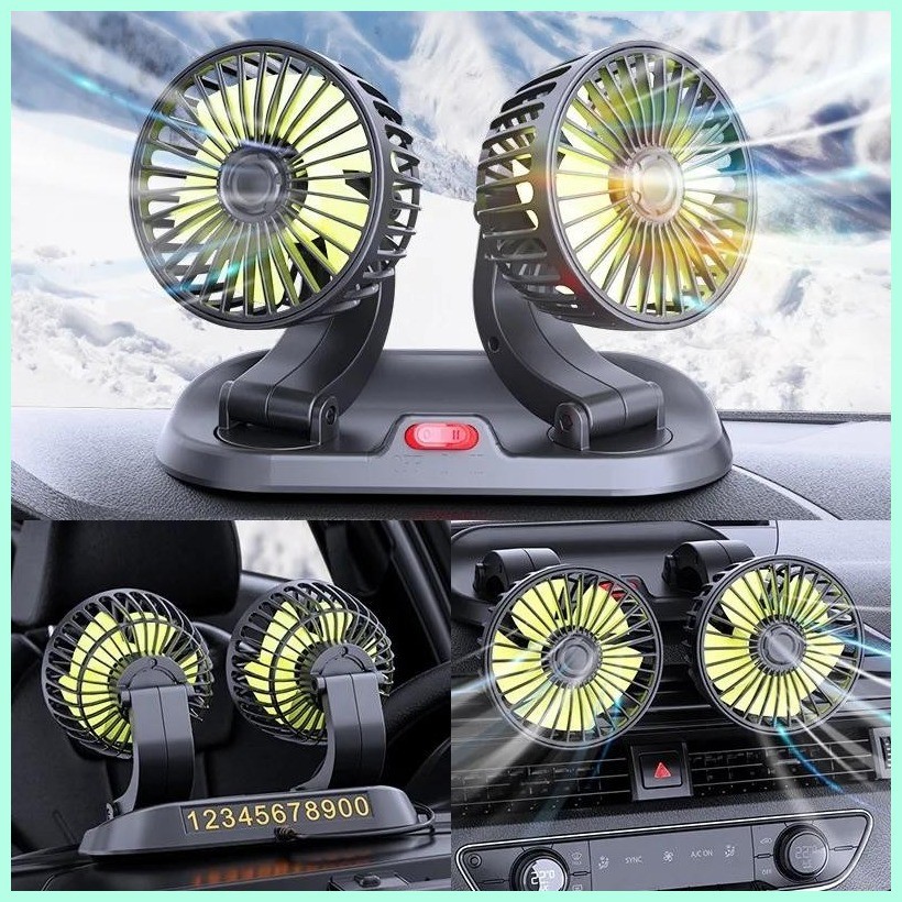 ☑ Car Electric Fan 12V 24V USB Car Double Head Fan Outlet 360 ...