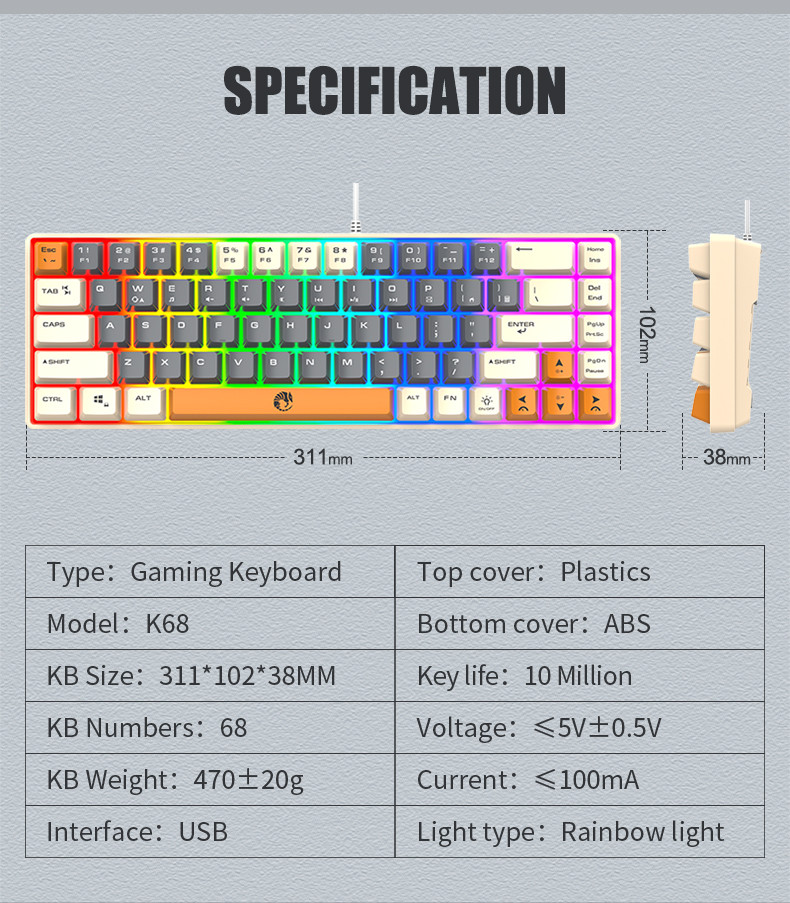 Zeus x RAIKU K68 68-Key Compact RGB Gaming Keyboard with 3 Keycaps ...