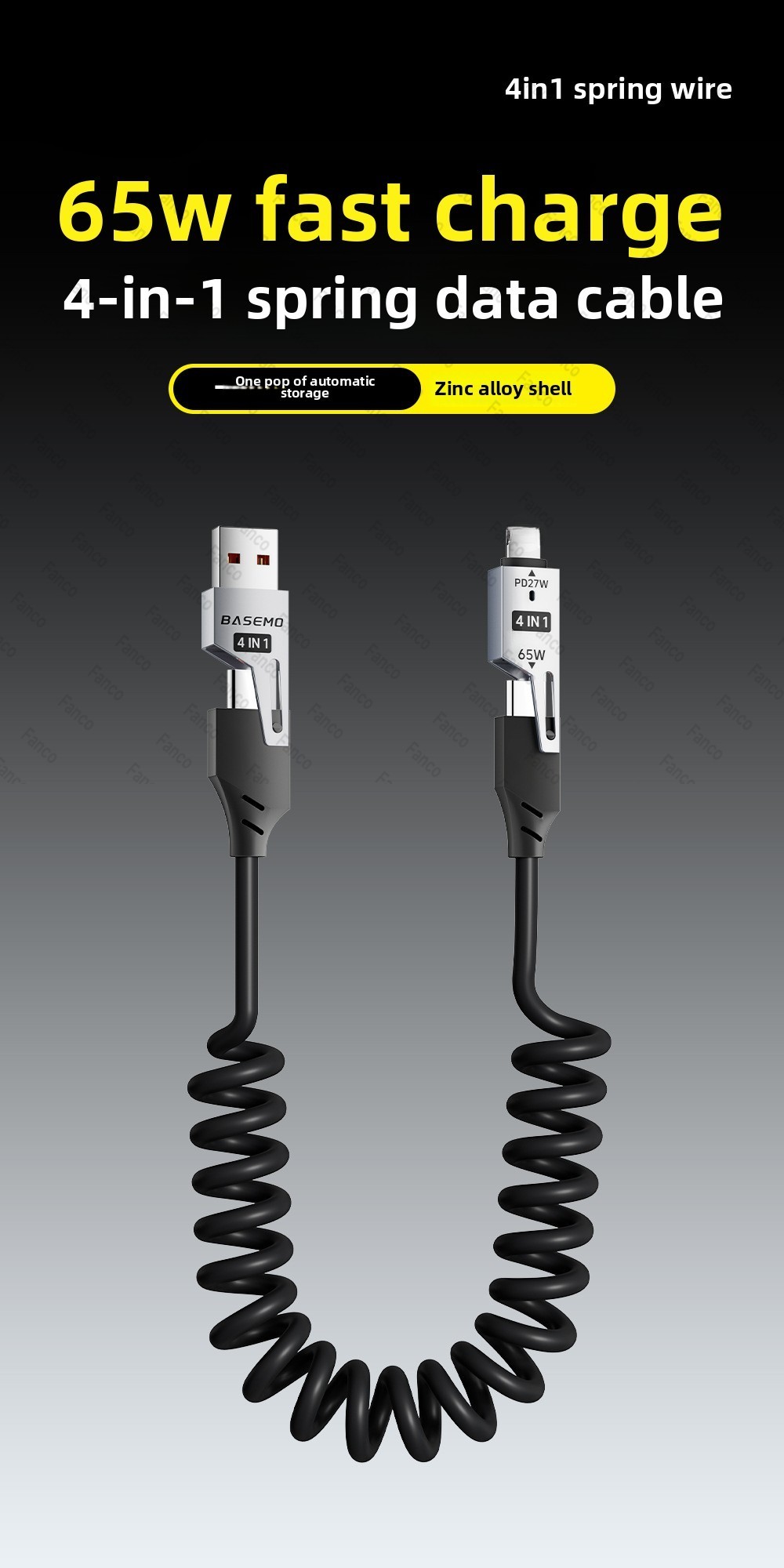 4-in-1 Coiled USB C Cable 65W Coiled Fast Charging Support CarPlay ...