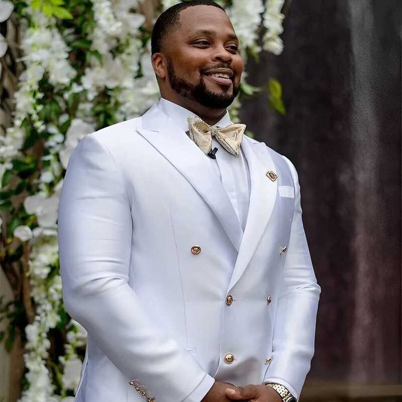 1 White Satin Men's Suit 2 Piece Peaked Collar Blazer Double Breasted ...