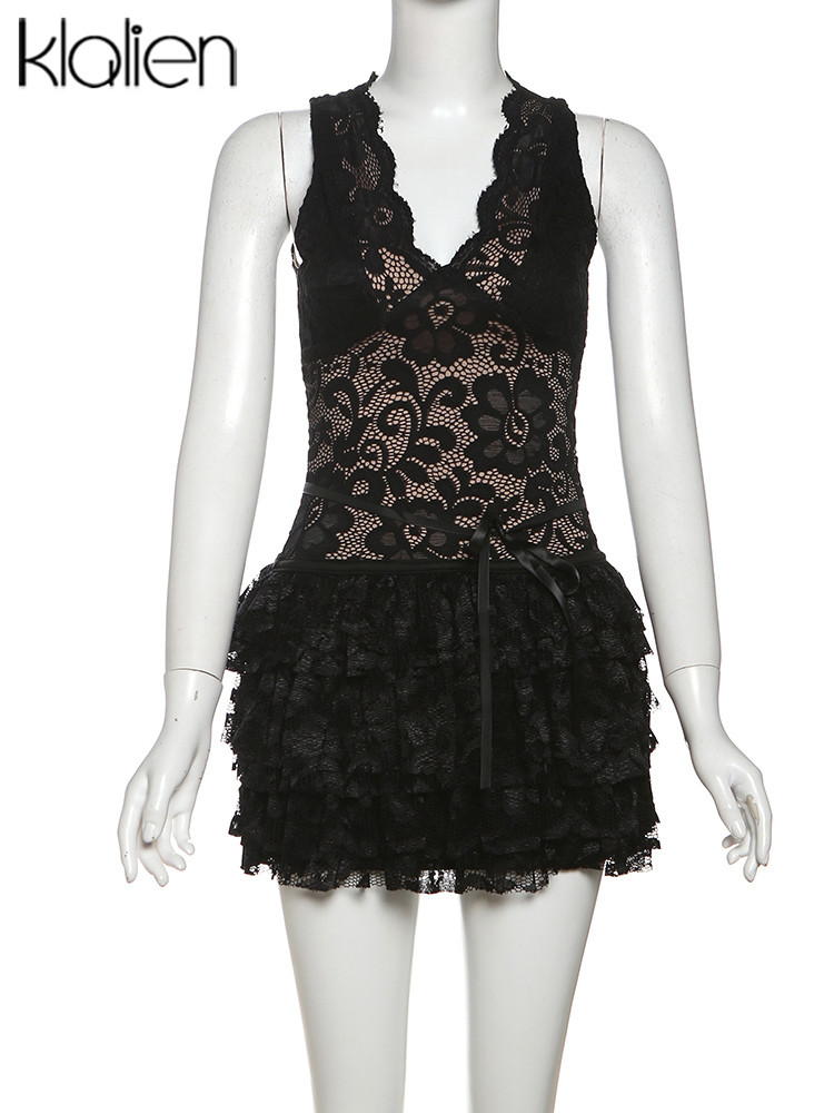Klalien Dress Lace Solid Sling Off Shoulders Patchwork Stacked & Ruched ...