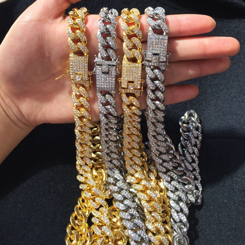 in stock Hip Hop Miami Curb Cuban Chain Necklace Golden Iced Out CZ ...