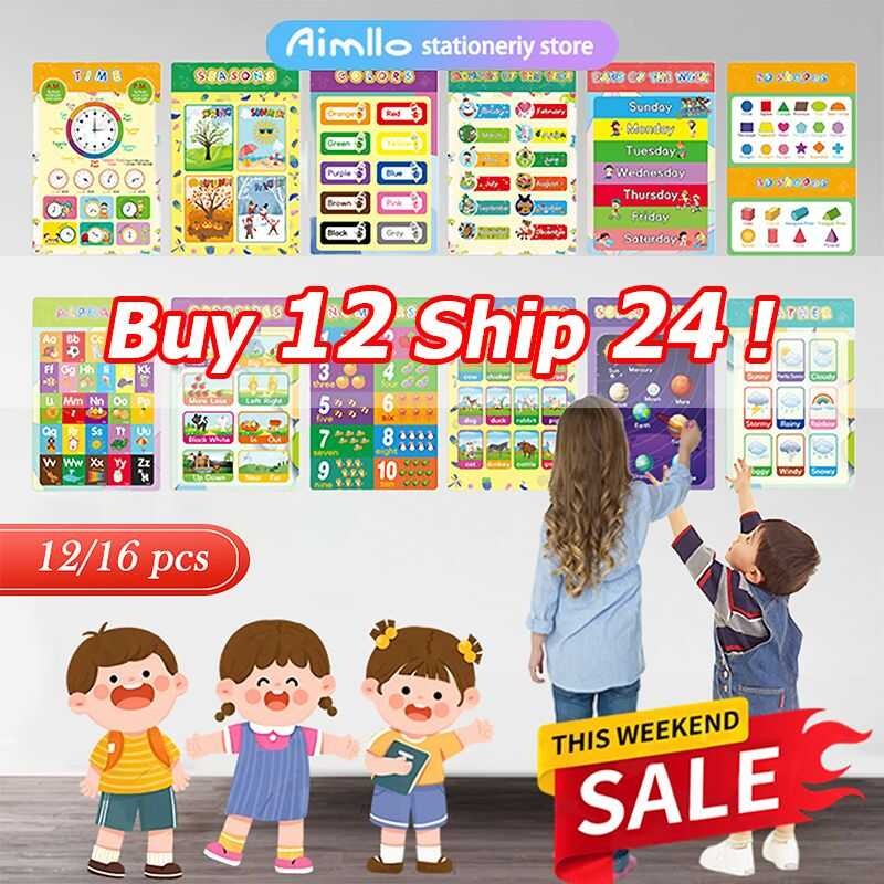12/16Pcs Chart For Kid Educational Set Wall Colors Numbers Alphabet ...