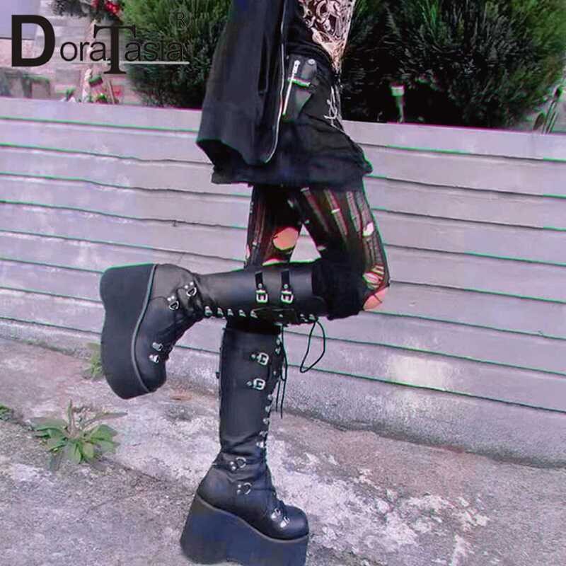 New Brand Female Goth Platform Long Fashion Buckle Punk Lace-Up Wedges ...