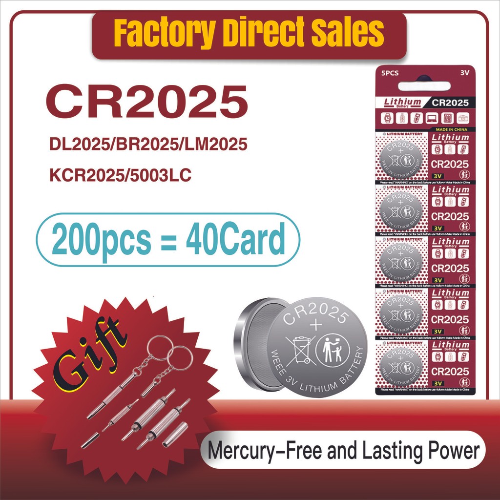 200Pcs 3V Cr2025 Lithium Button Battery Dl2025 Br2025 5003Lc Lm2025 CR ...