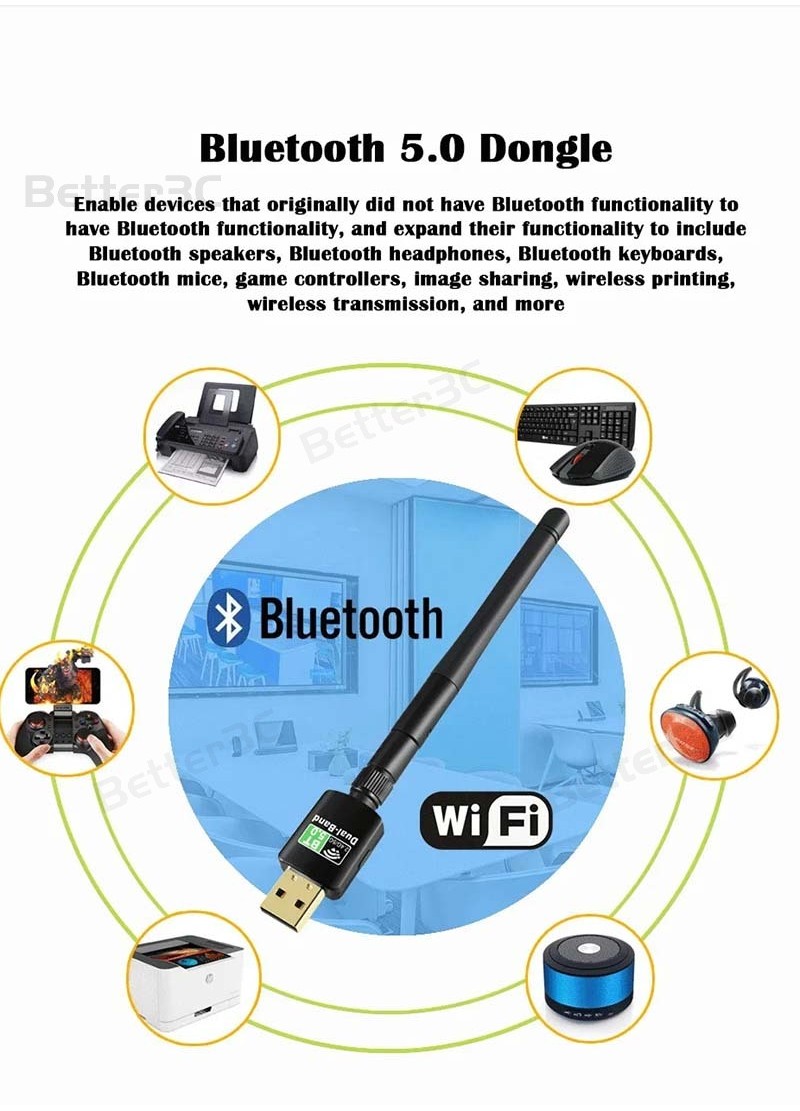 2 in 1 Bluetooth 5.0 Dongle 600Mbps WiFi Adapter WiFi Receiver Dual ...
