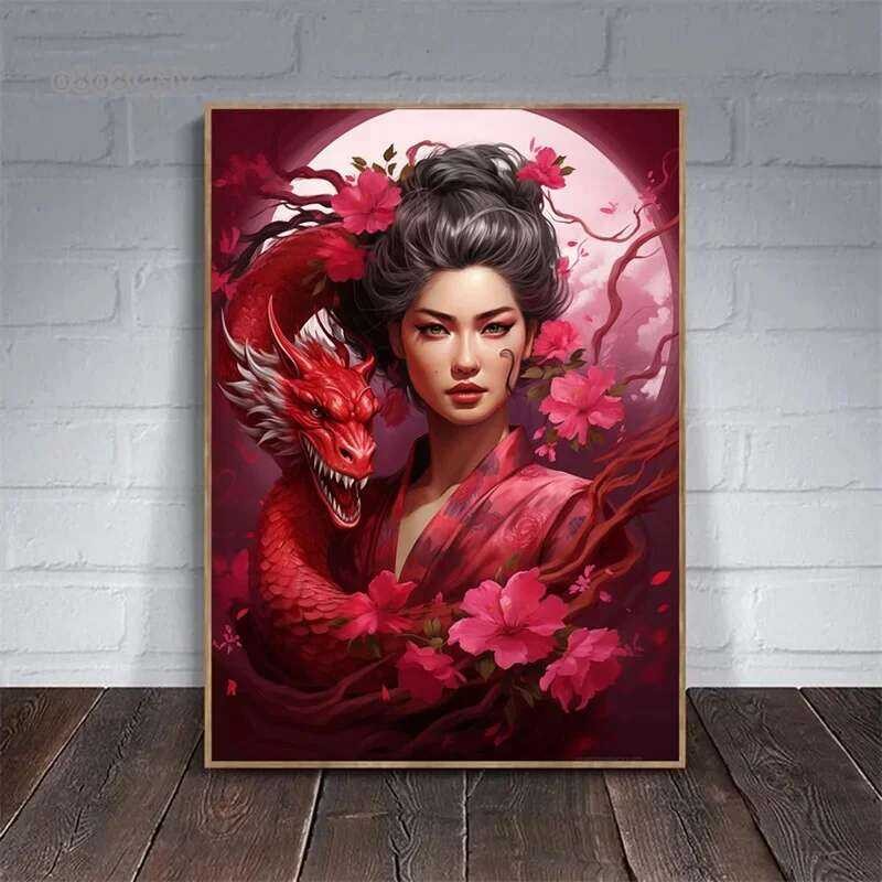Japanese f1a Dragon Poster Canvas Paintings Elegance of Geisha Pictures ...