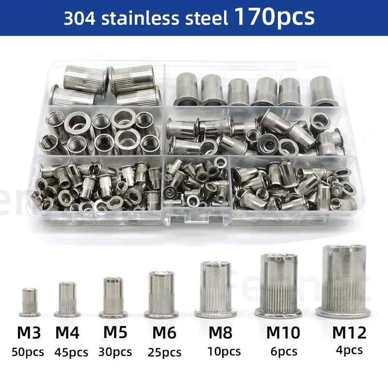170PCS 304 Stainless Steel Rivet Nut Assort Set Flat Head Threaded Rivet Nut M3 M4 M5 M6 M8 M10 ...