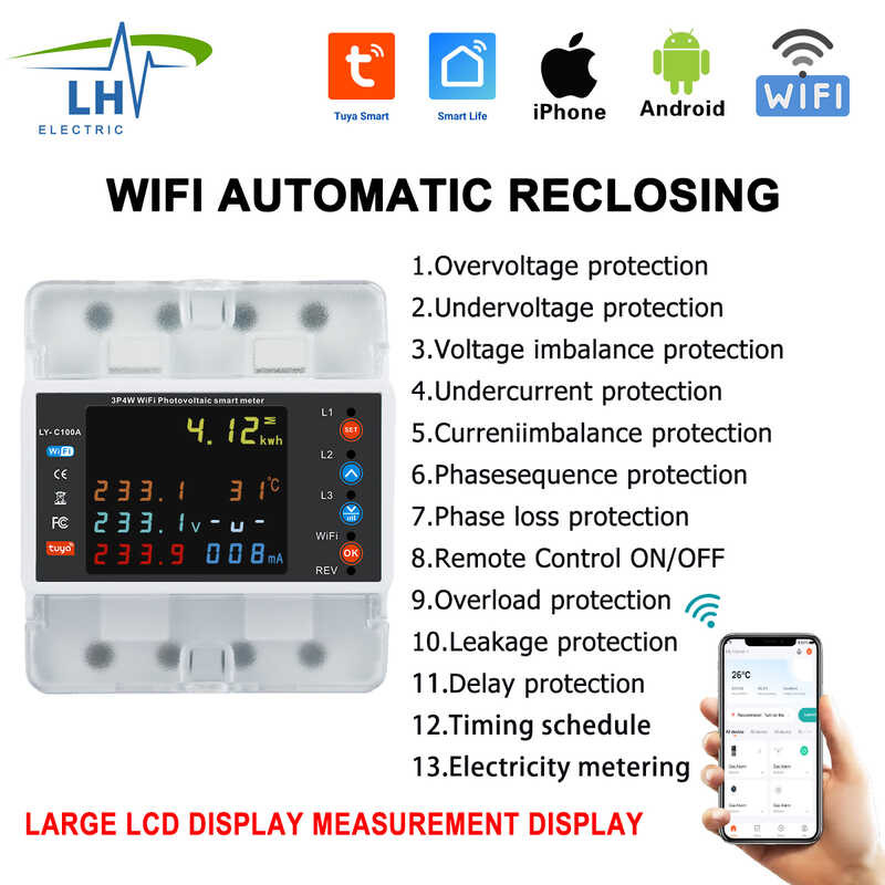 WiFi Tuya 4P 100A Three Phase Energy Meter Bi-Directional Auto ...