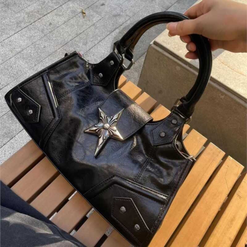89 JIAERDI Retro Black Y2k Hand Vintae Punk Leather Handle Underarm ...